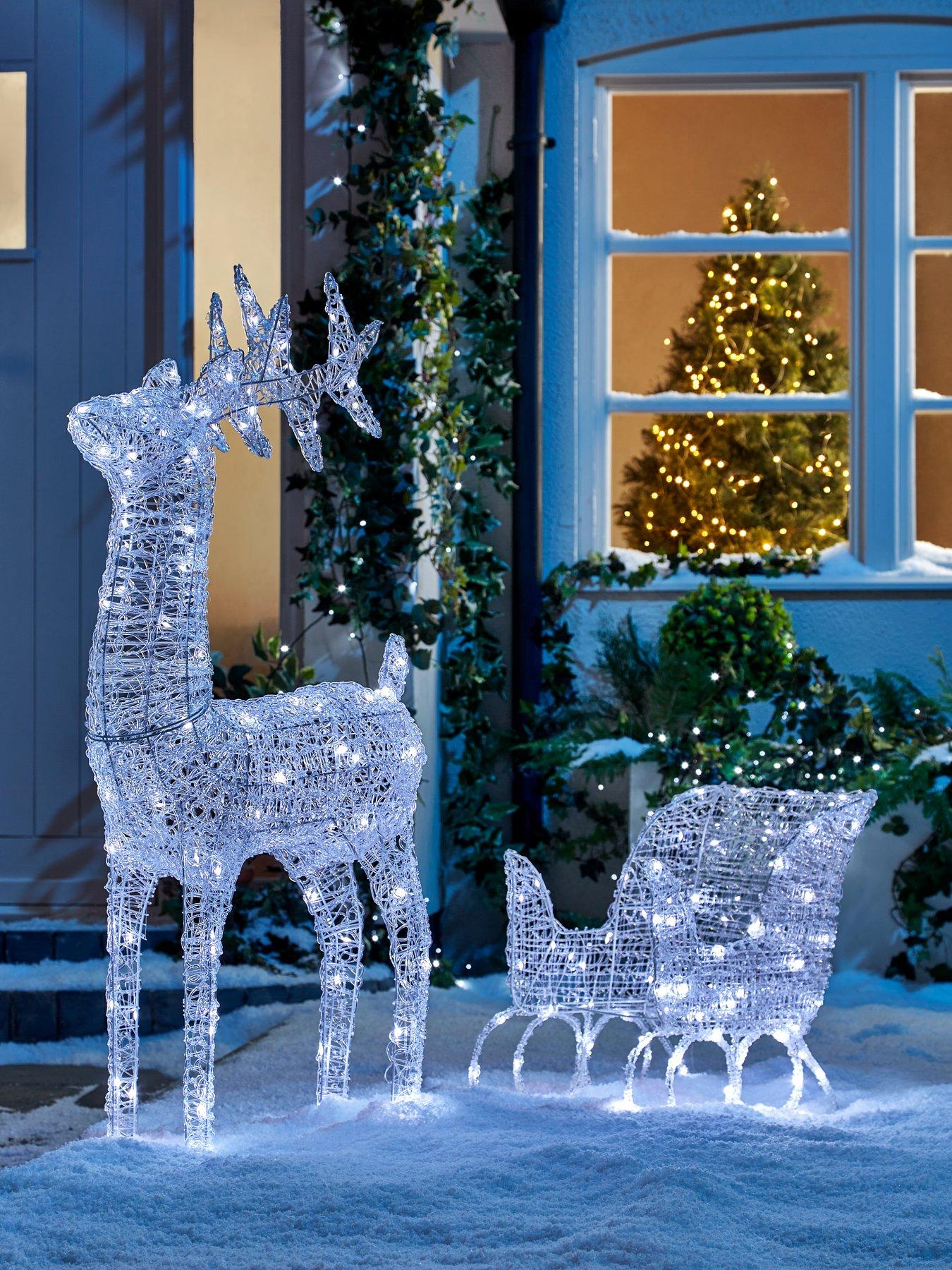 Large Acrylic Reindeer and Sleigh Light Up Outdoor Christmas Decoration