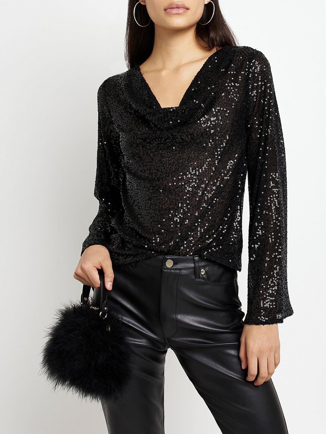 River Island Sequin Cowl Neck Top - Black | Very Ireland