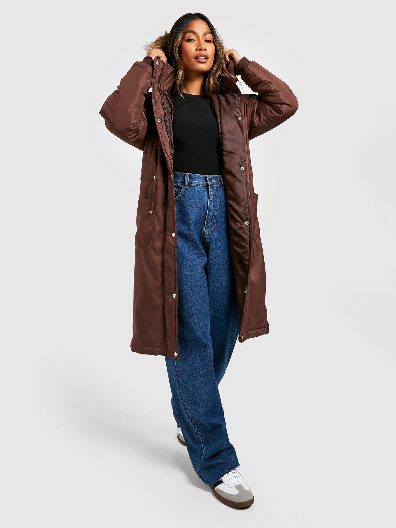 Boohoo Longline Faux Fur Trim Parka - Mocha | Very Ireland