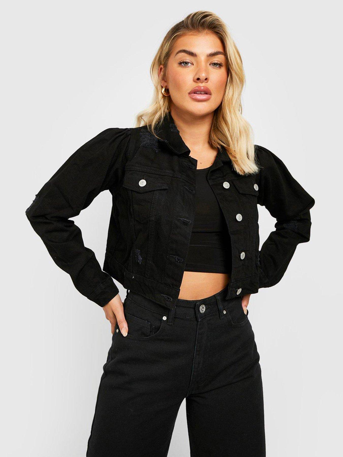 Boohoo Distressed Puff Shoulder Denim Jacket - Black | Very Ireland