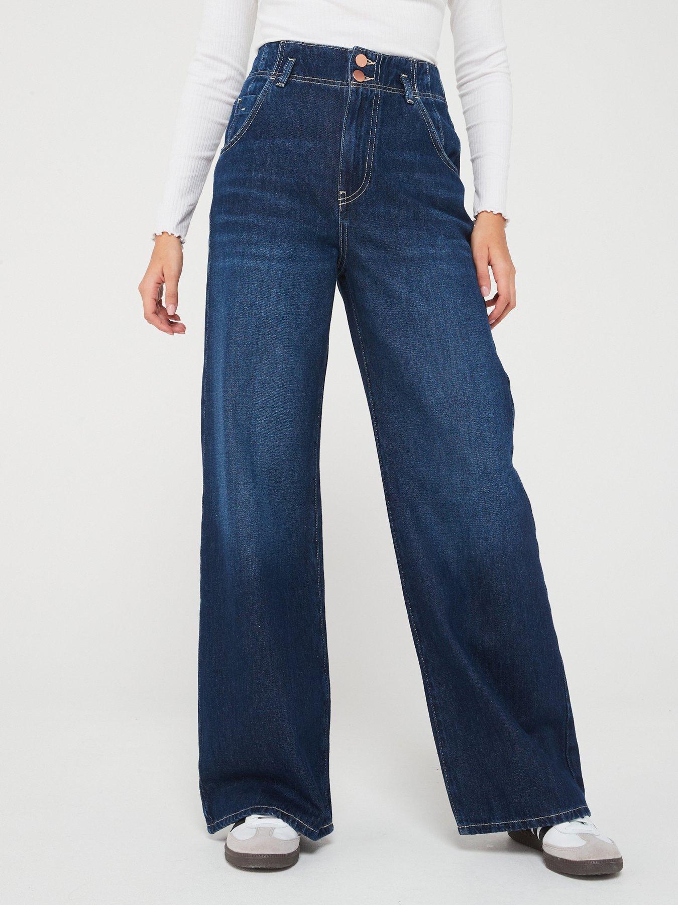 V by Very Double Button Wide Leg Jeans - Dark Wash Blue | Very Ireland