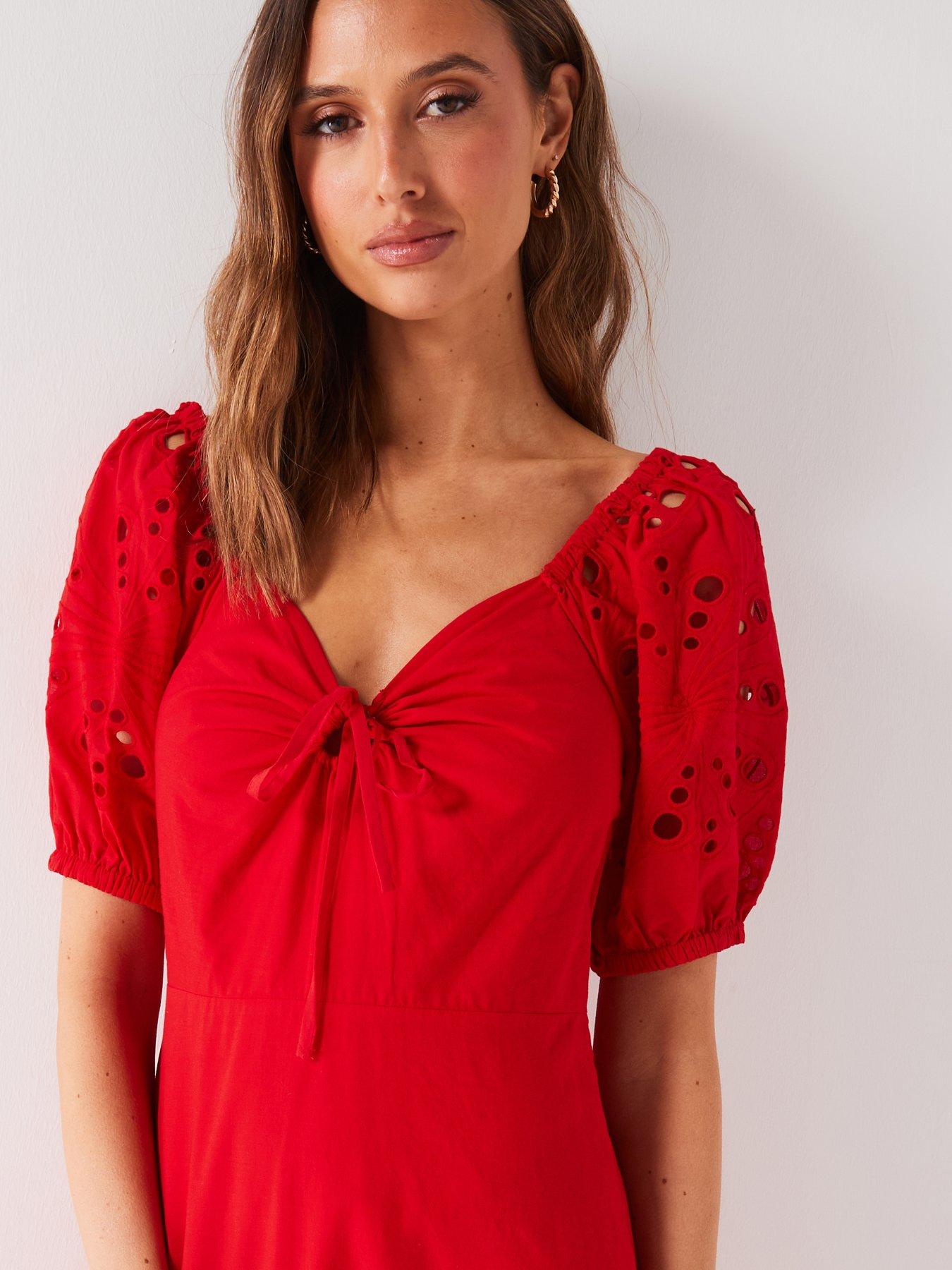 V by Very Broderie Cotton Midi Dress - Red | Very Ireland