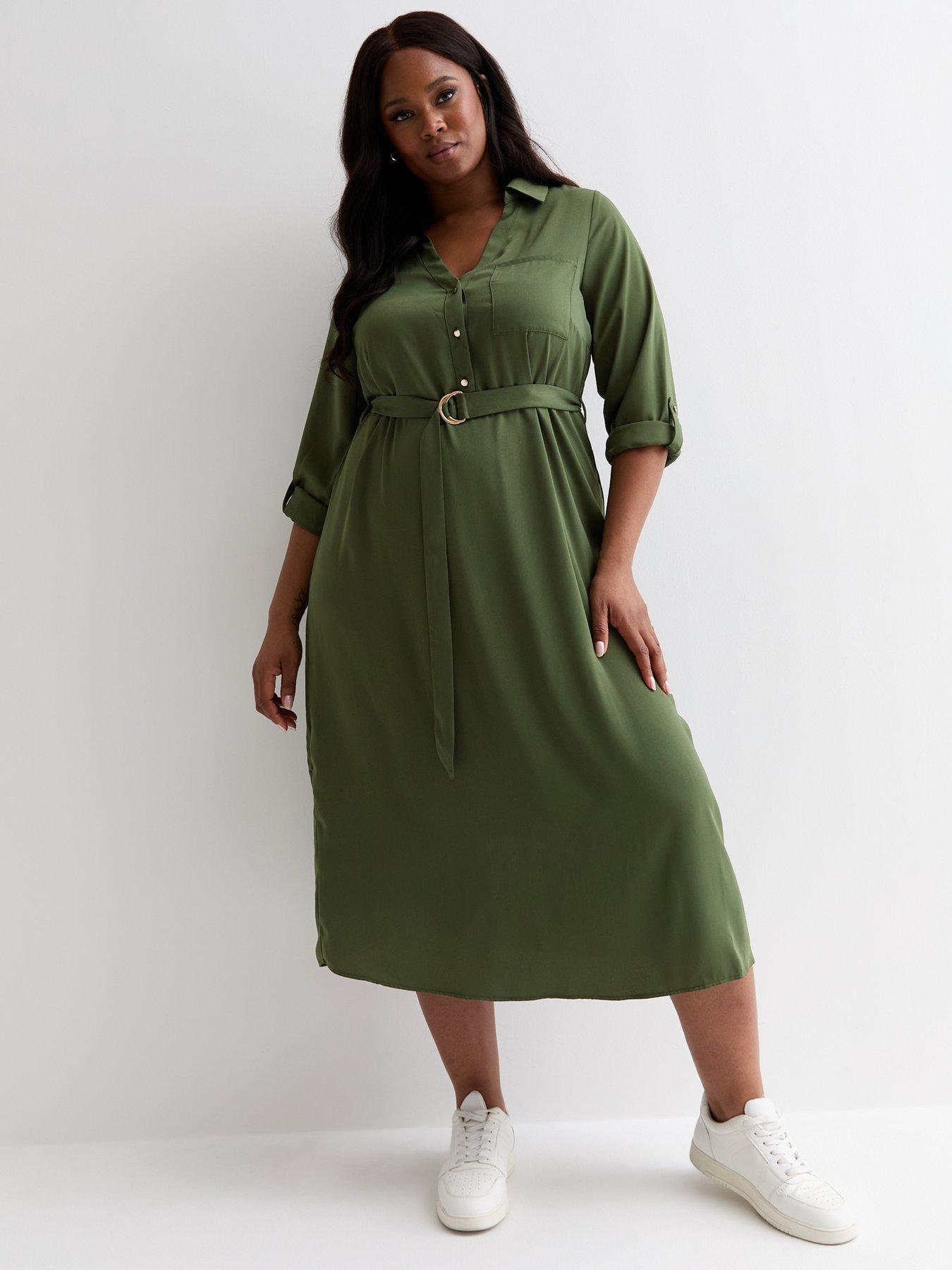 Olive Green Belted Shirt Dress