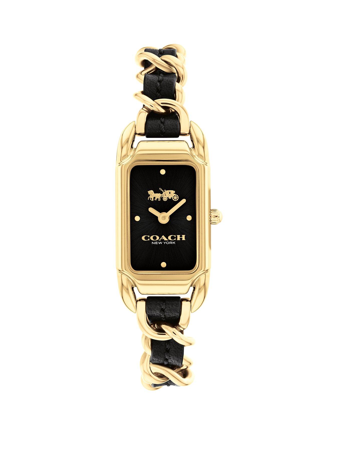COACH Coach Ladies Cady Gold IP & Black Leather Bracelet Watch | Very ...
