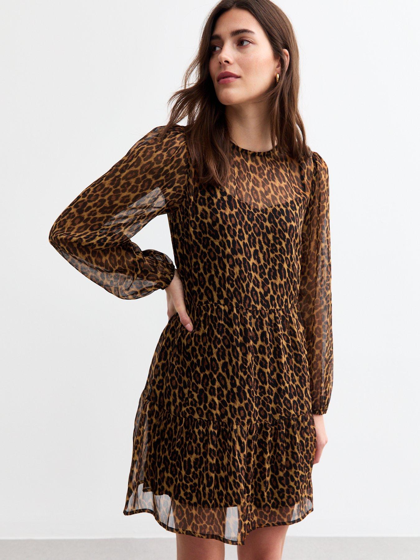 New Look Leopard Chiffon Long Sleeve Mini Dress - Print | Very Ireland