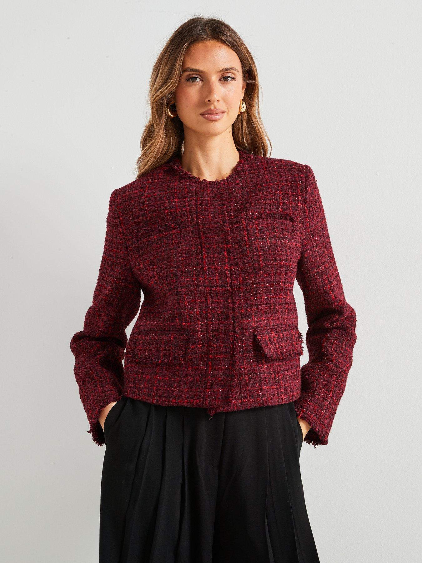 Mango Tweed Jacket With Frayed Ends - Red | Very Ireland