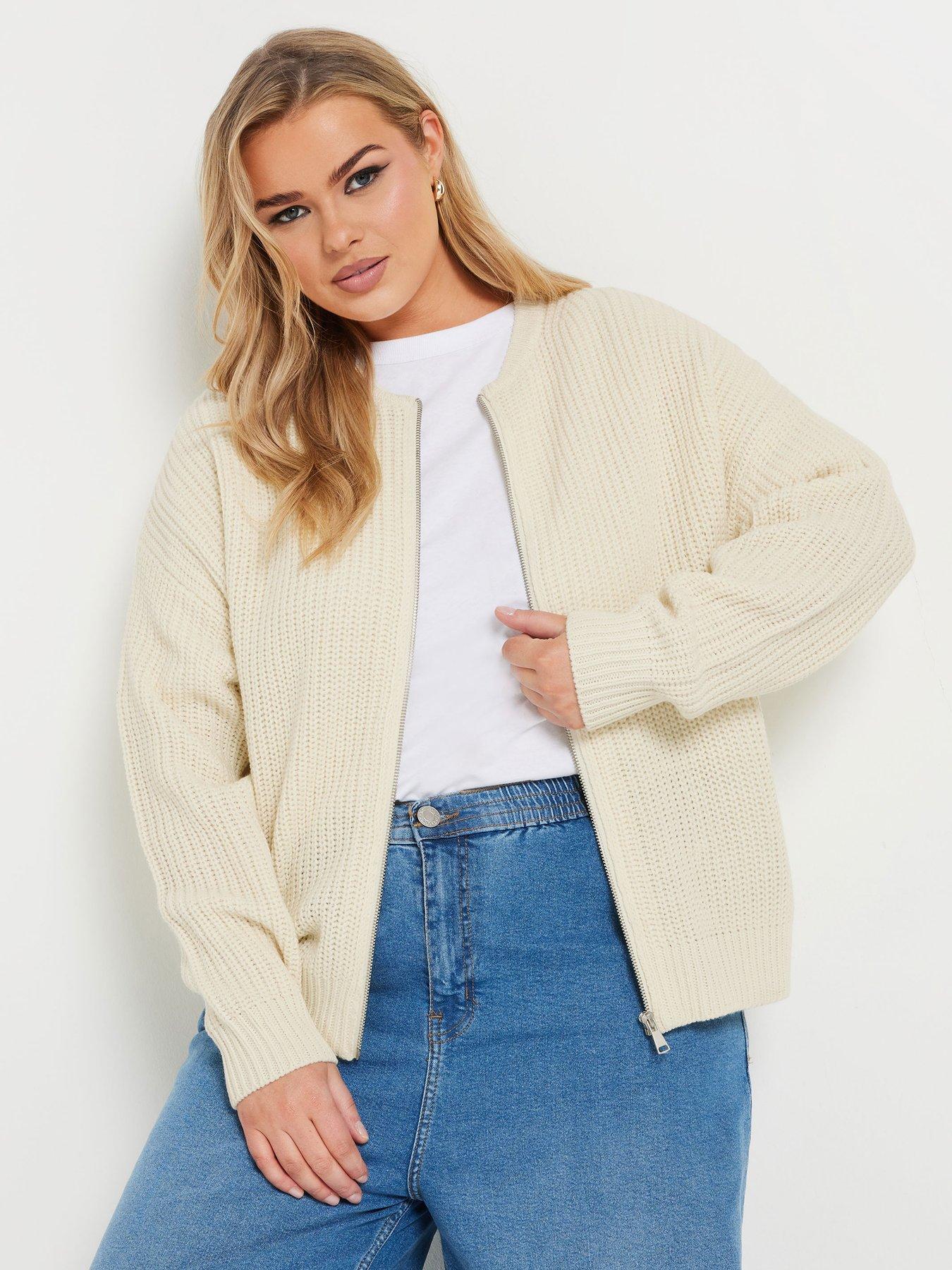 Yours Curve Zip Through Knitted Bomber Jacket - Ivory | Very Ireland