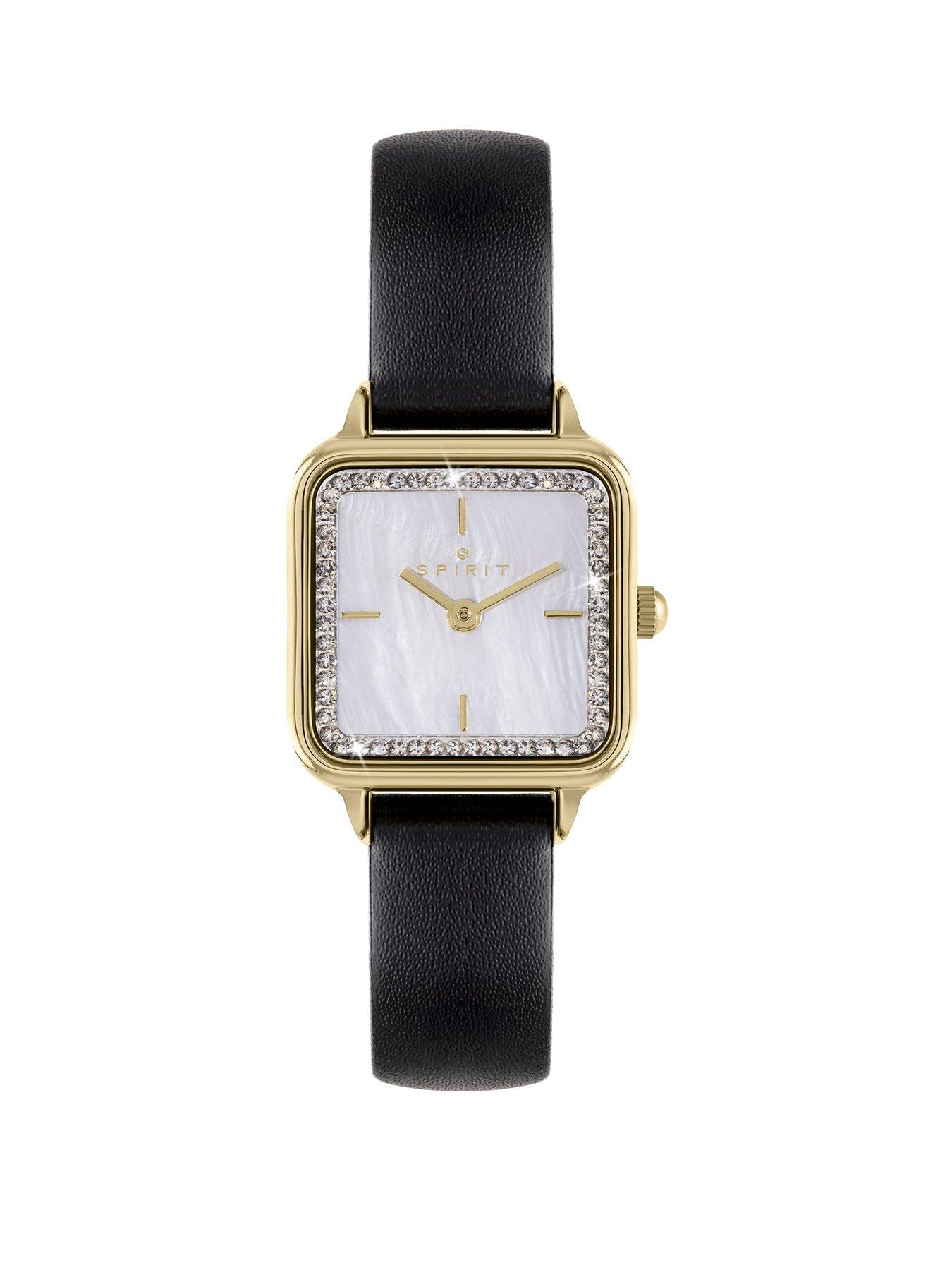 Spirit Spirit Ladies Gold Plated Square Mother of Pearl Black Leather ...