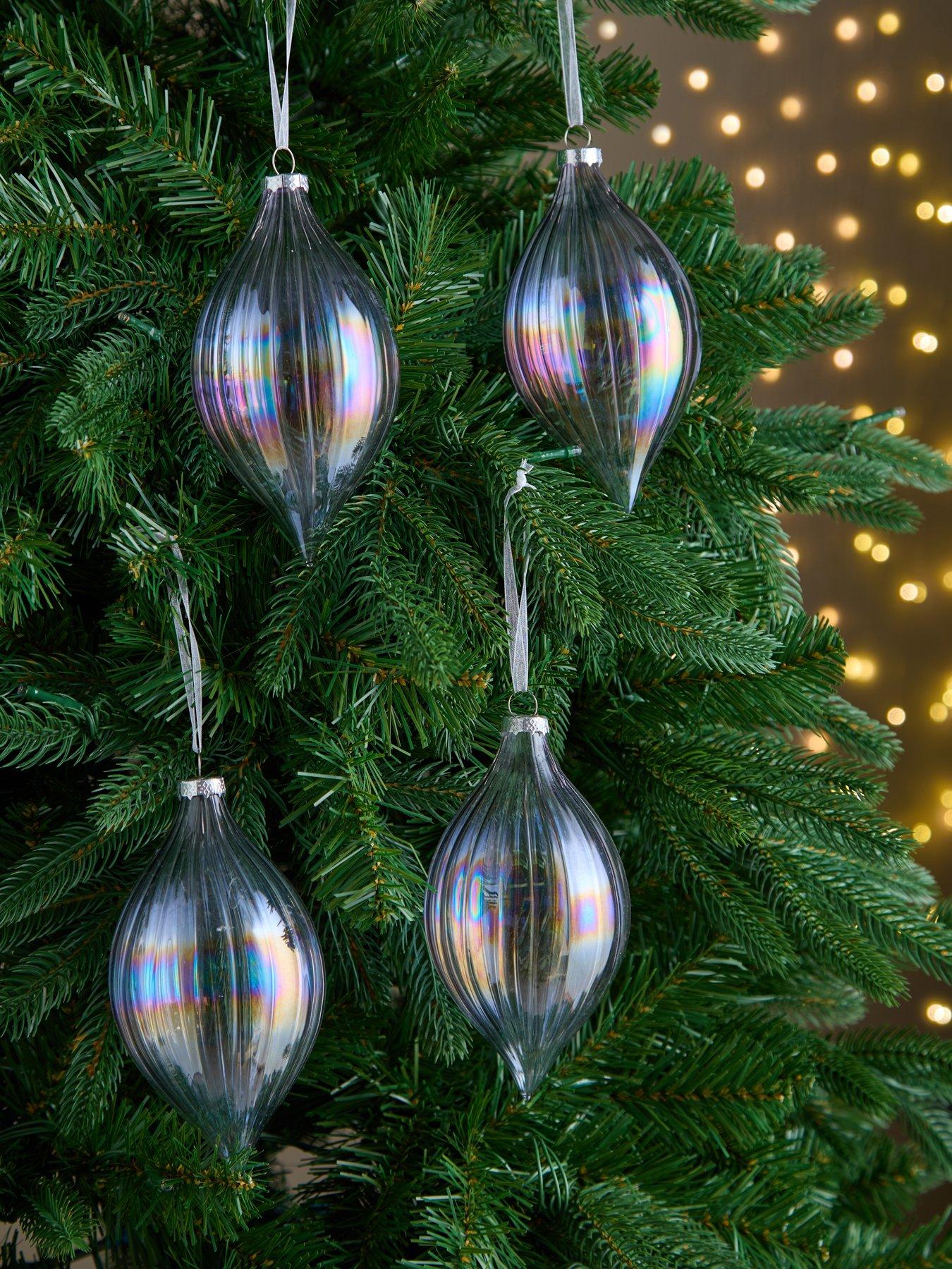 Very Home Set of 4 Ribbed Glass Teardrop Christmas Tree Baubles | Very ...