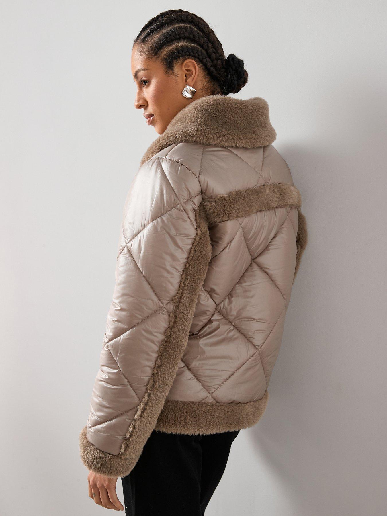 The Very Collection Diamond Quilt Coat With Faux Fur Trims - Mocha ...