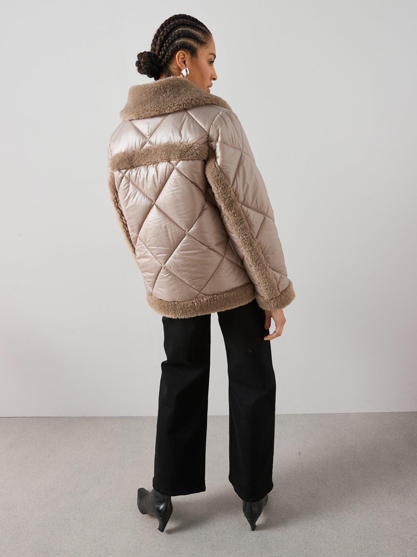 The Very Collection Diamond Quilt Coat With Faux Fur Trims - Mocha ...