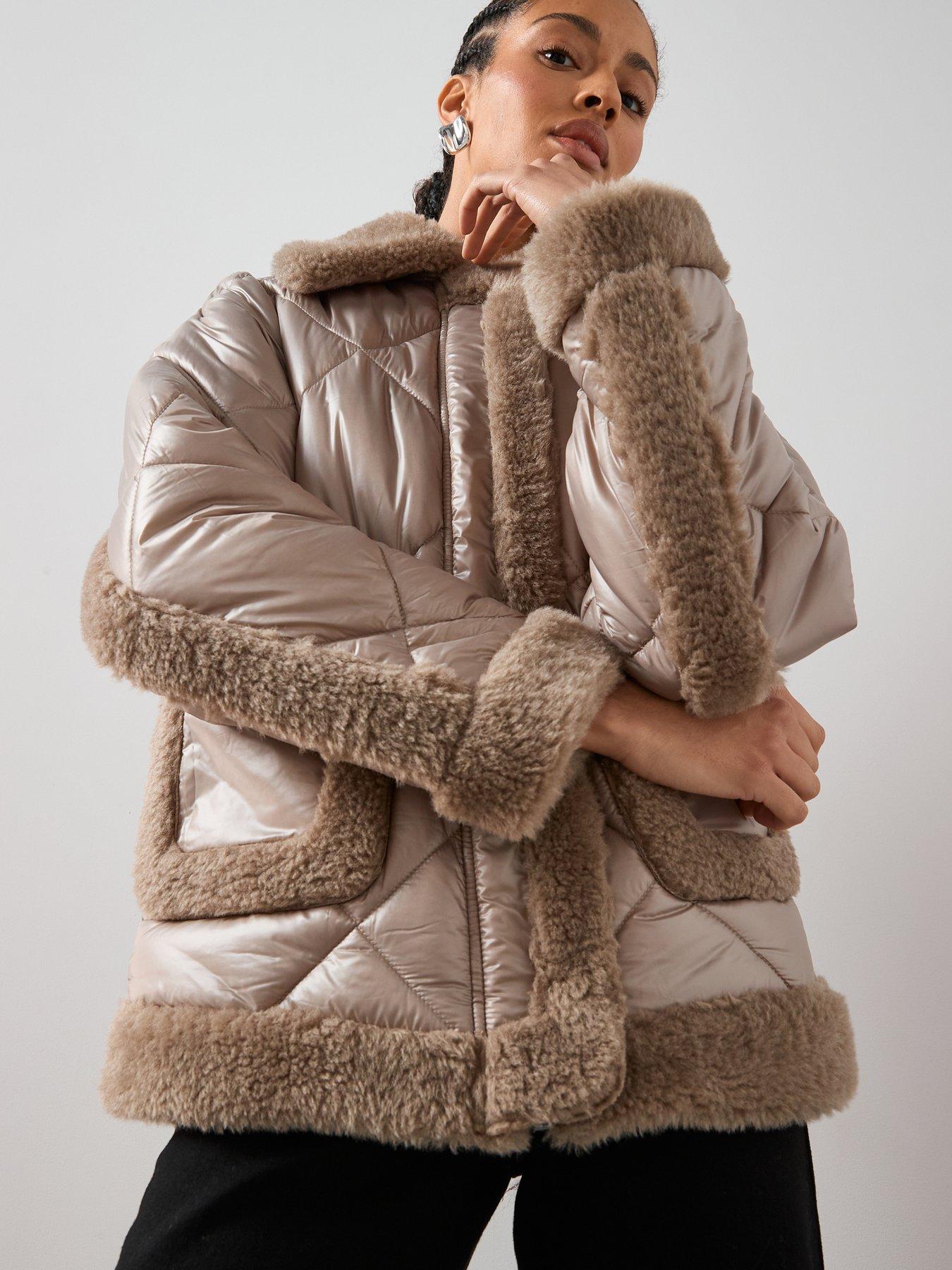 The Very Collection Diamond Quilt Coat With Faux Fur Trims - Mocha ...