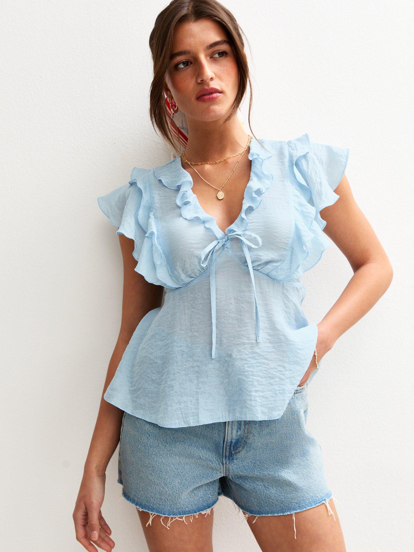 New Look Light Blue Crinkle Texture Frill Trim Cap Sleeve Top | Very ...