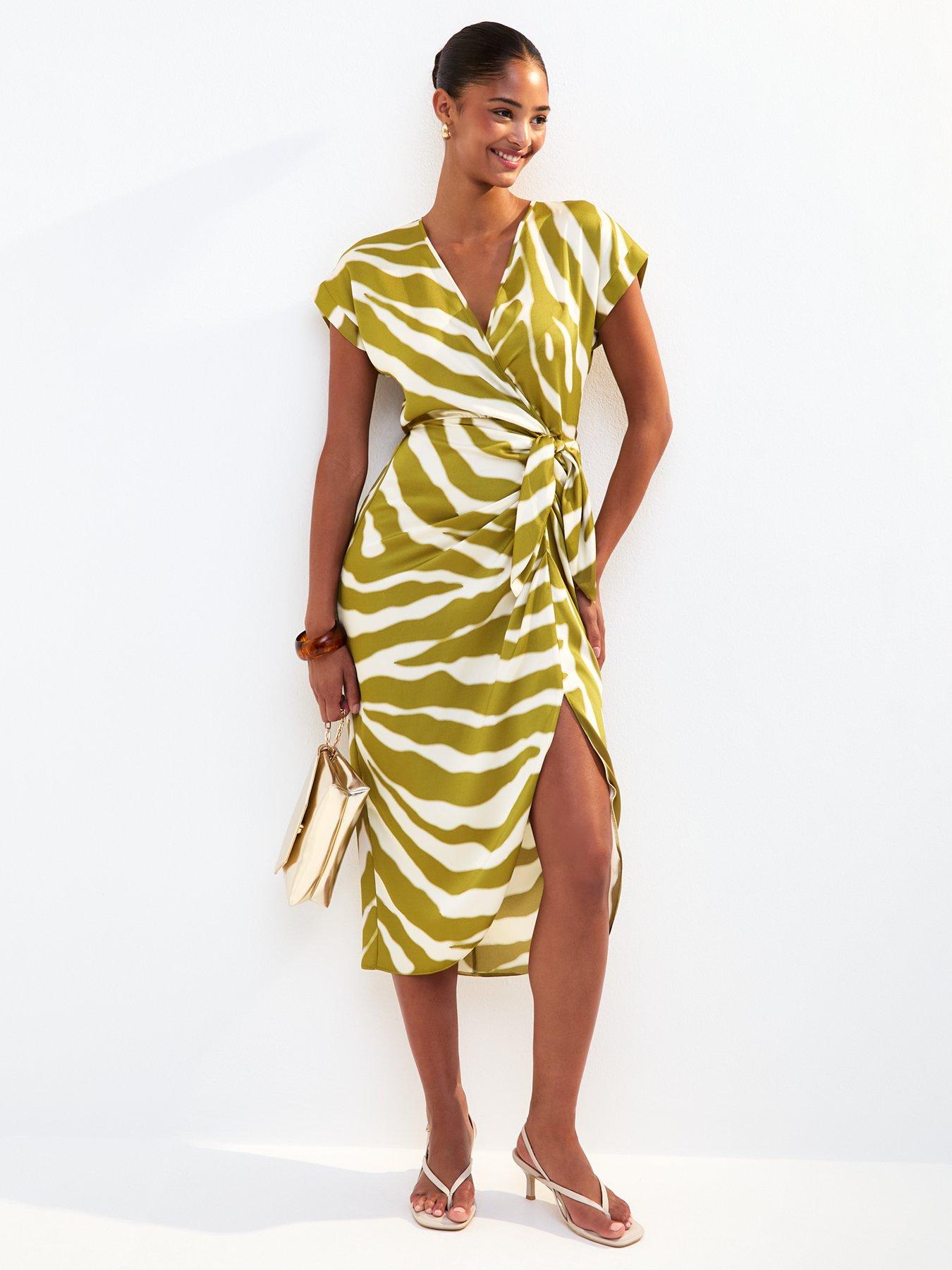 New Look Zebra Print Wrap Front Midi Dress - Green | Very Ireland