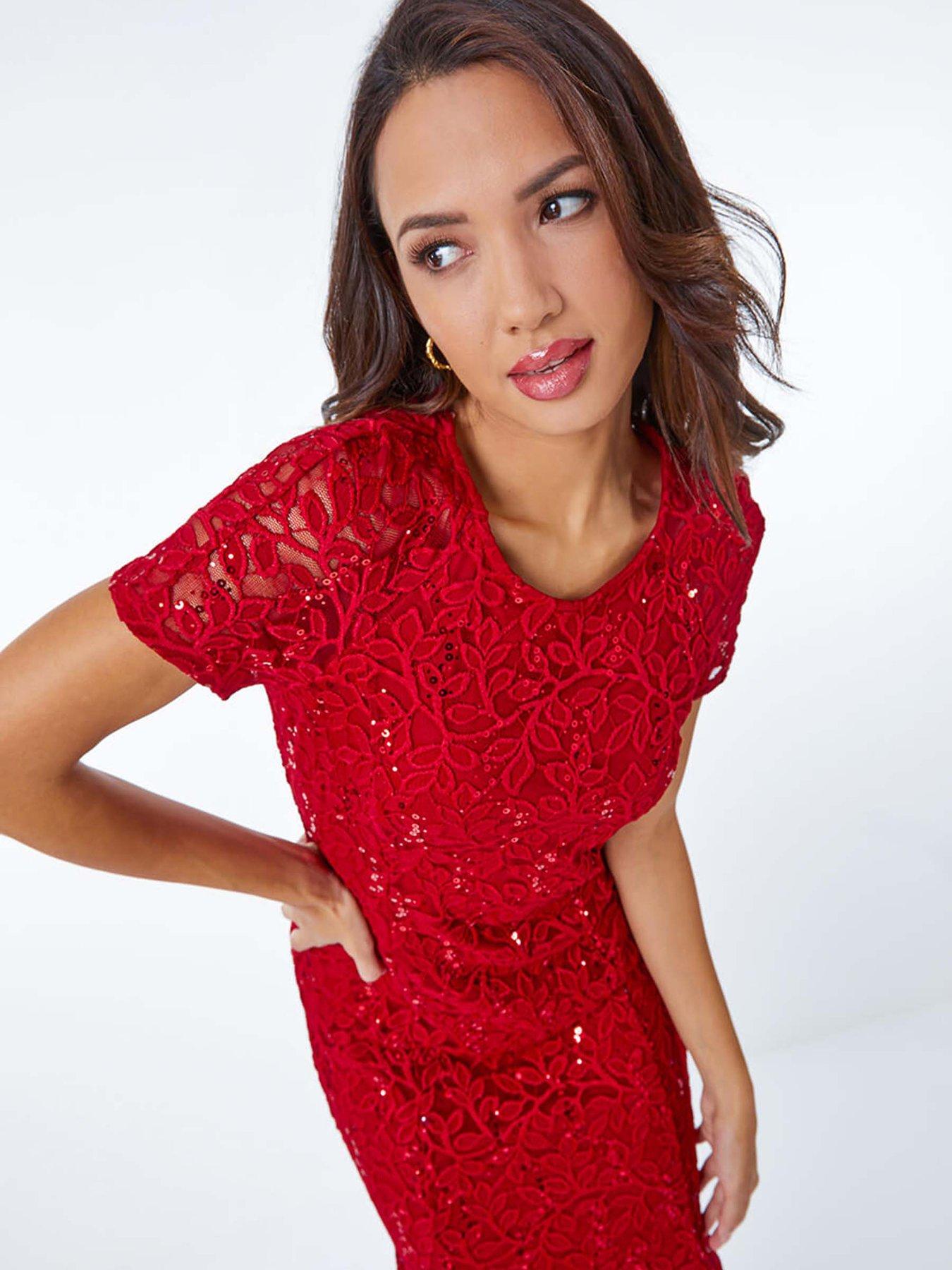 Roman Leaf Lace Sequin Midi Dress - Red | Very Ireland