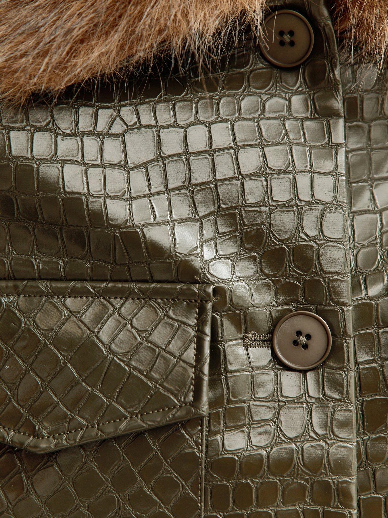 New Look Faux Leather Crocodile Embossed Detachable Faux Fur Long ...