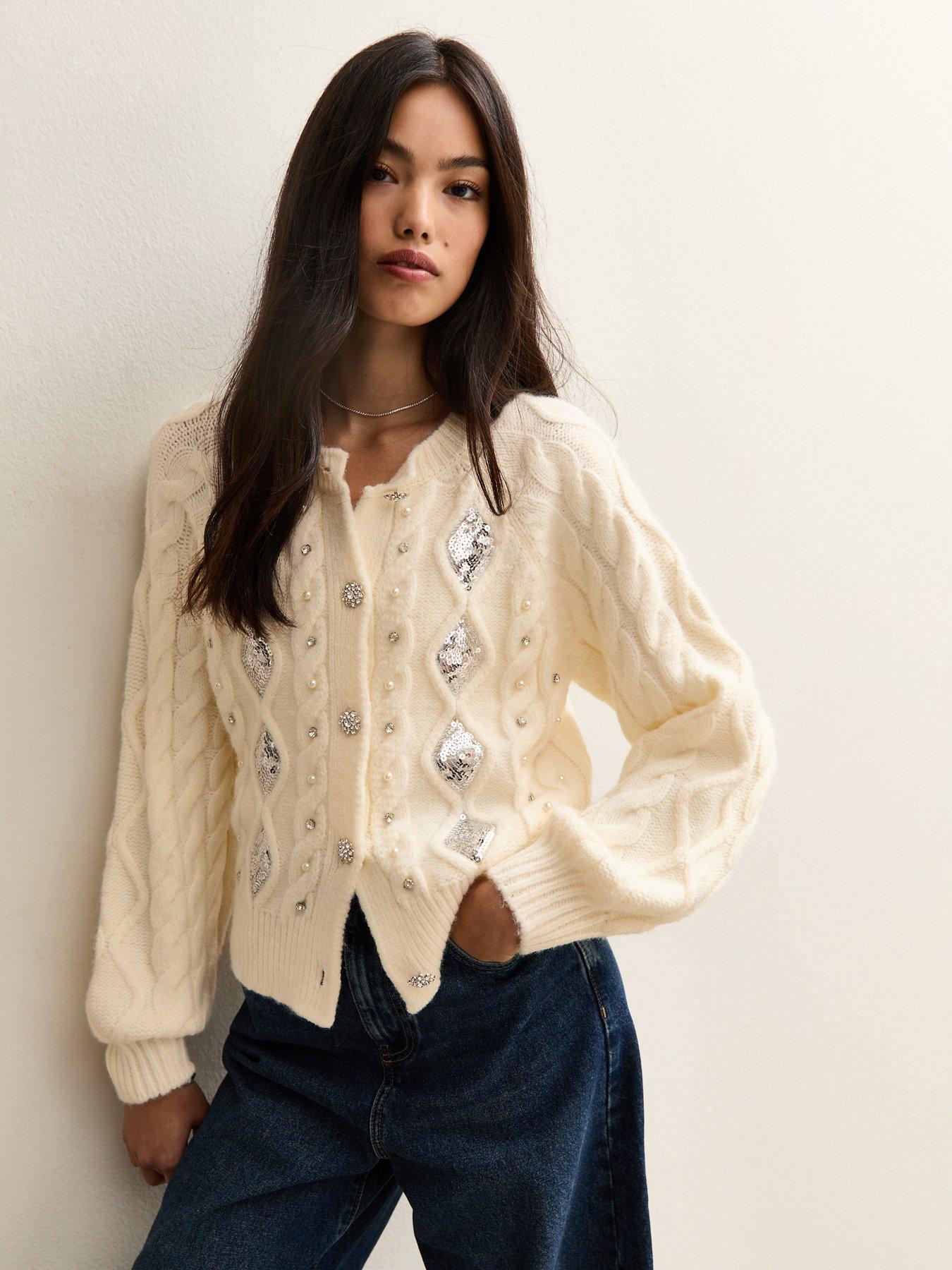 New Look Cable Knit Sequin Embellished Cardigan - Off White | Very Ireland