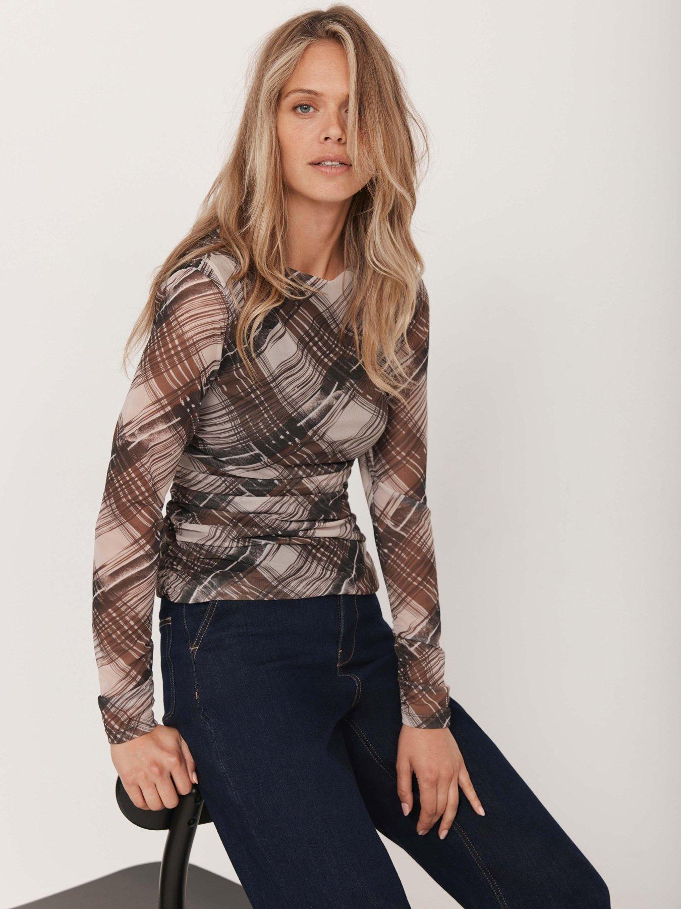 Mint Velvet Check Print Mesh Top - Brown | Very Ireland