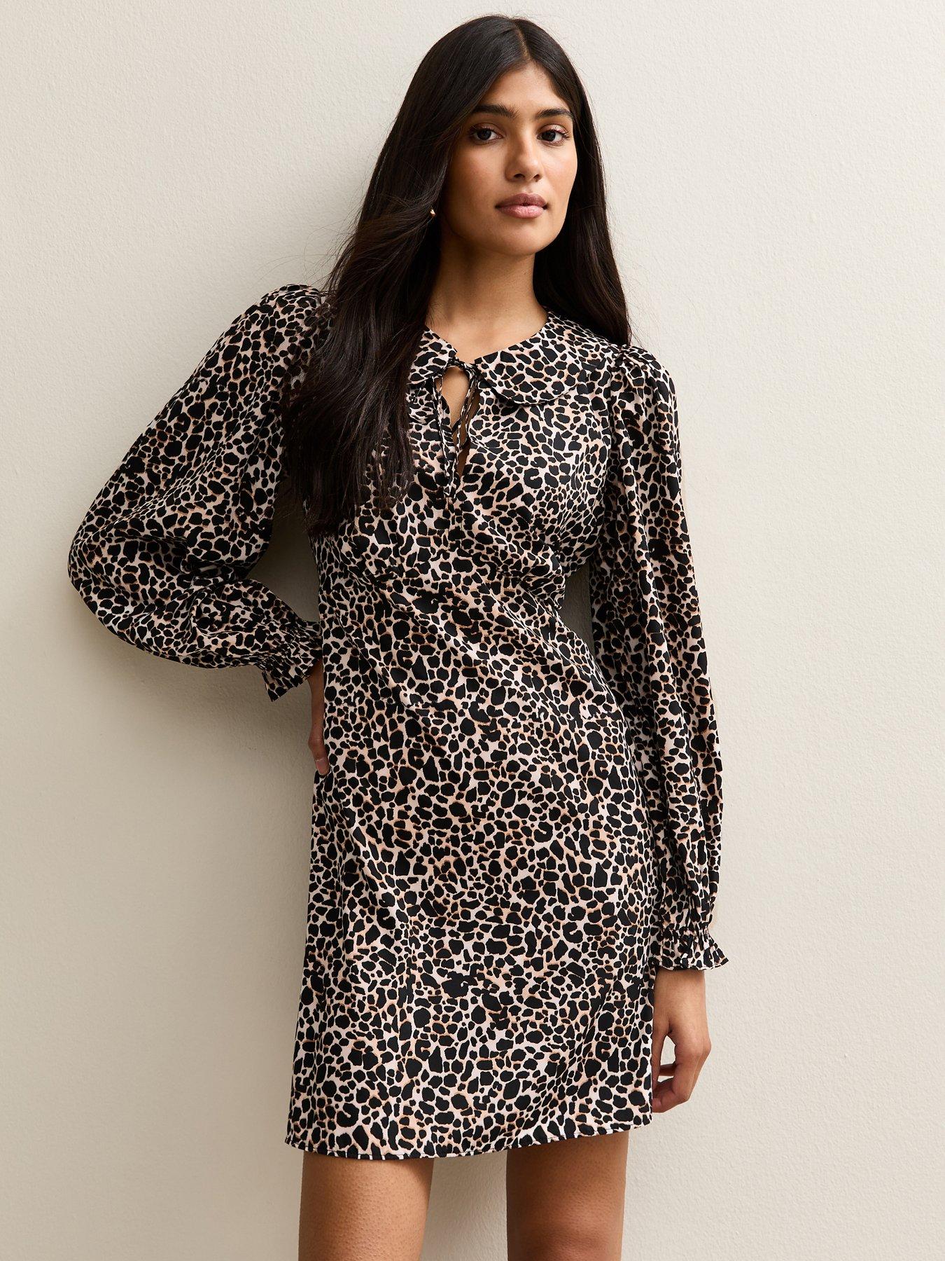 New Look Leopard Print Collared Long Sleeve Mini Dress - Brown | Very ...