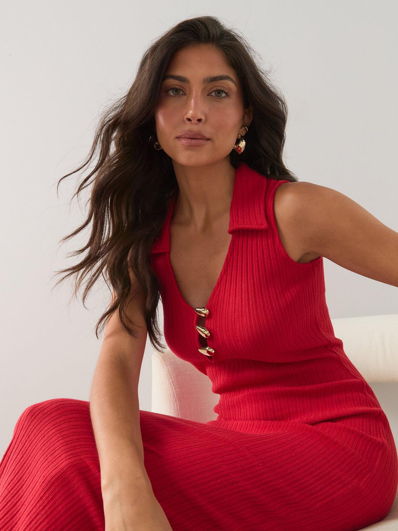 The Very Collection Textured Rib Collared Midaxi Dress - Red | Very Ireland