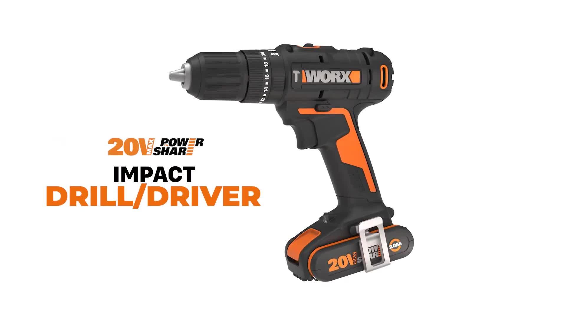 WX370 20V Cordless Hammer Drill with Built in Light and 2 Batteries